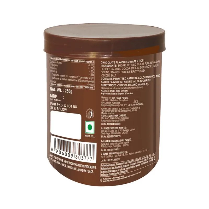 Dukes Waffy Chocolate Flavoured Wafer Roll - 250gm